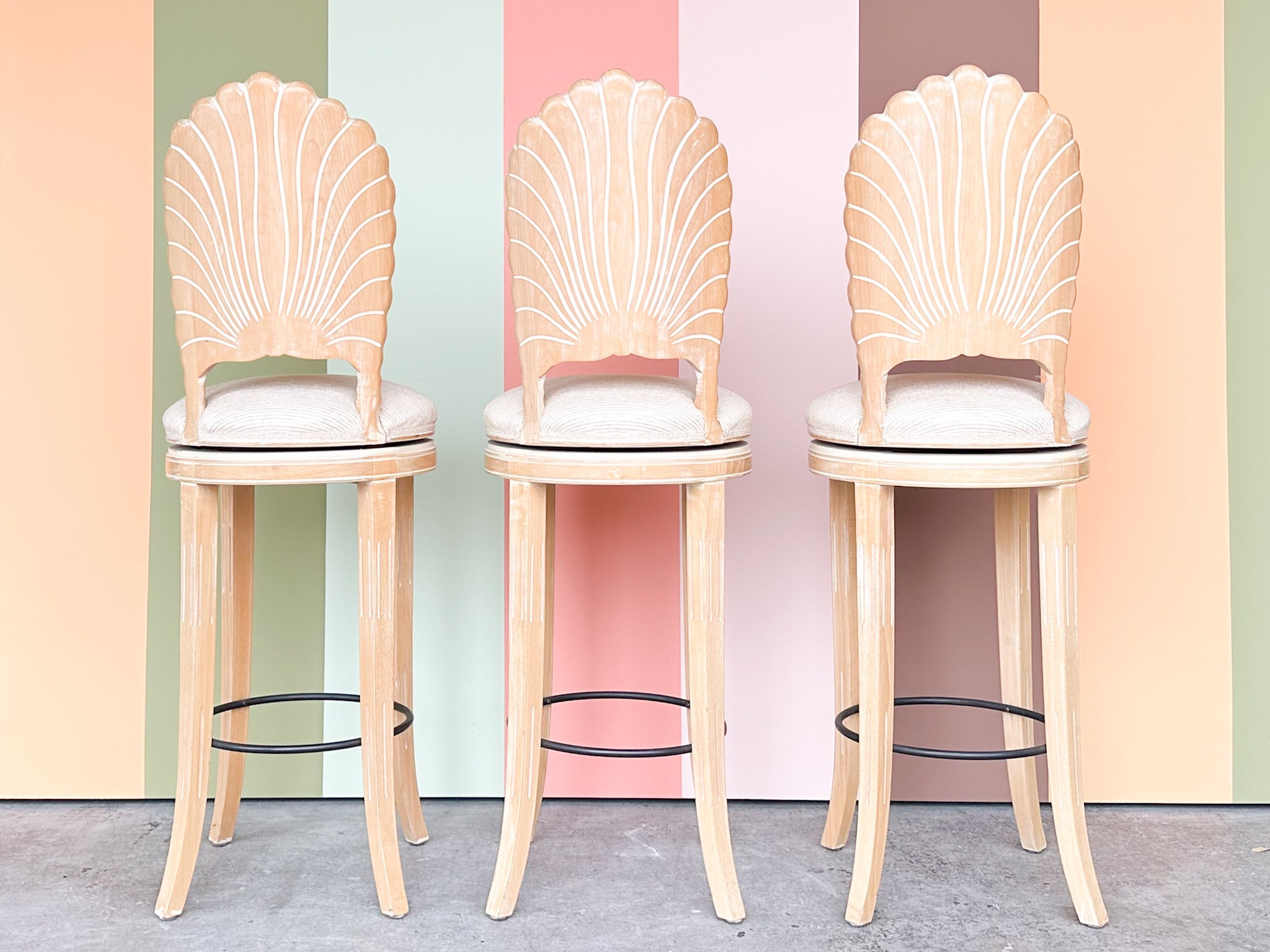 Set of Three Kips Bay Show House Italian Shell Back Bar Stools