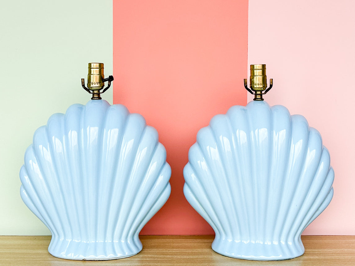 Pair of Coastal Blue Clam Shell Lamps